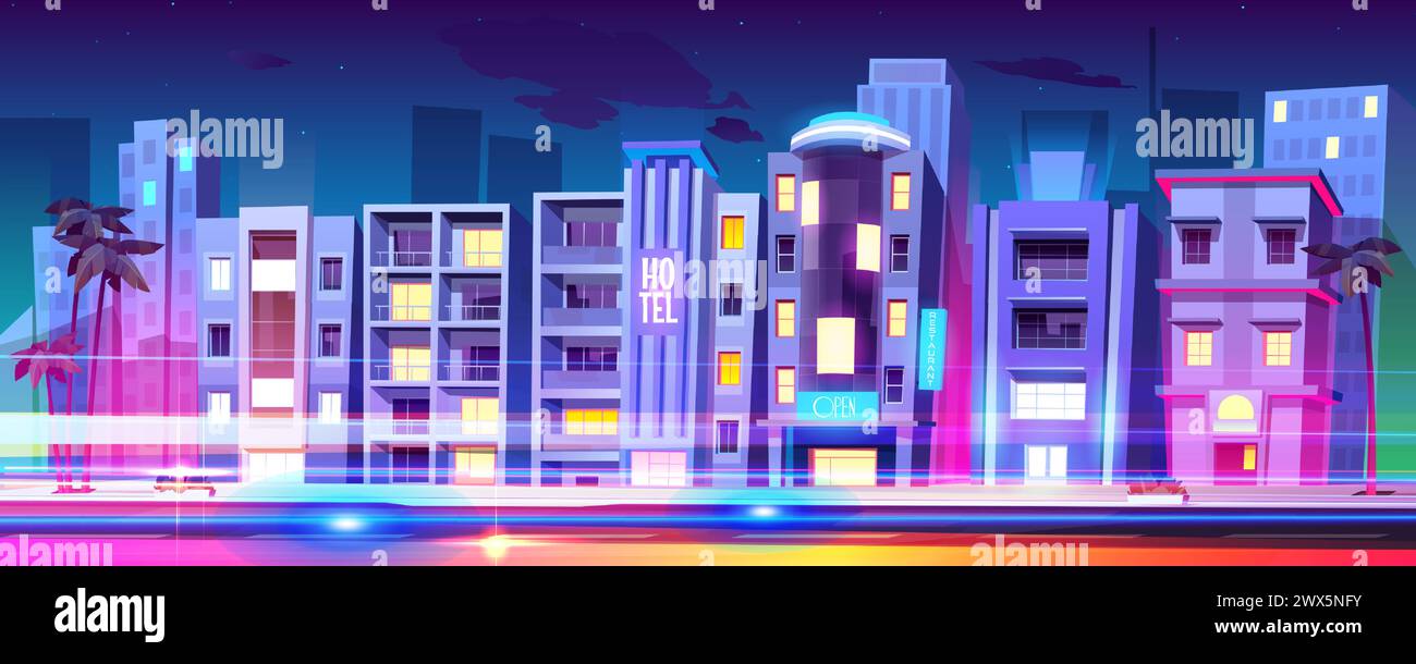 Modern night city with illuminated buildings. Vector cartoon ...