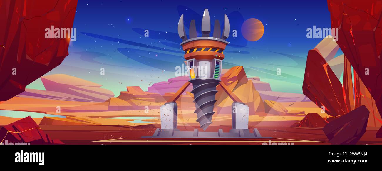 Alien planet landscape with drill spacecraft. Vector cartoon ...