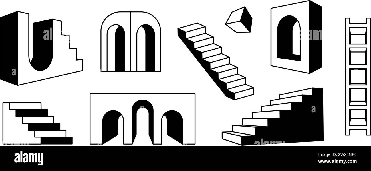 Set of line stairs and arches in perspective. Outline surreal geometric ...