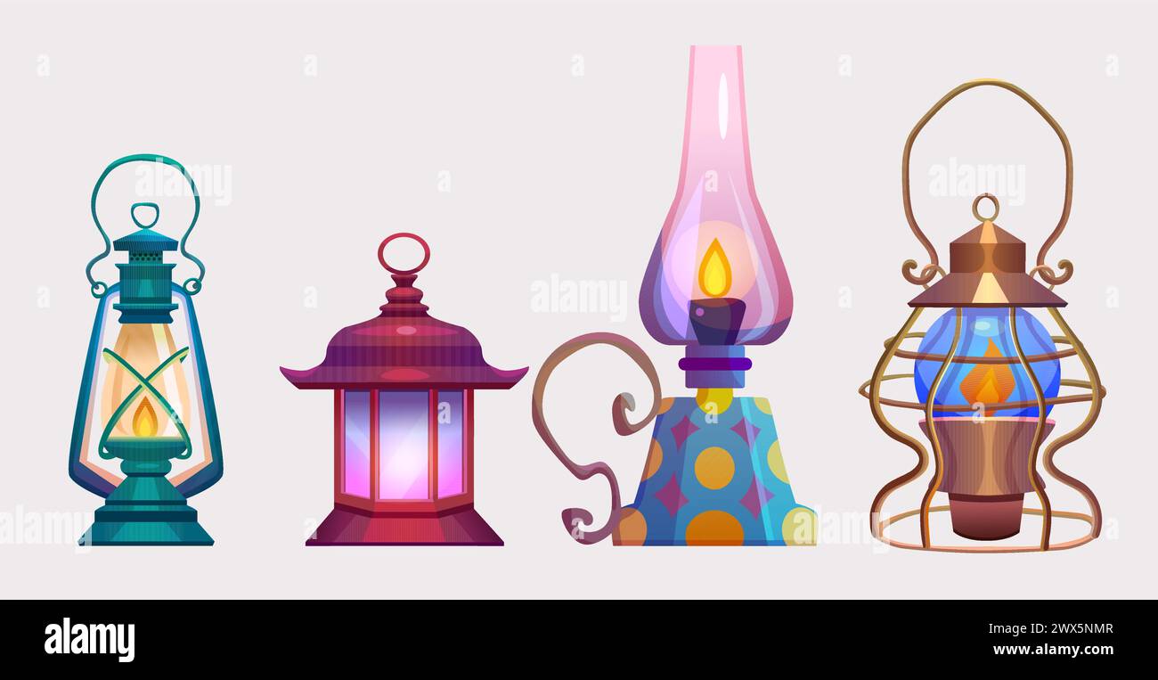 Old oil and gas lamps set isolated on white background. Vector cartoon ...
