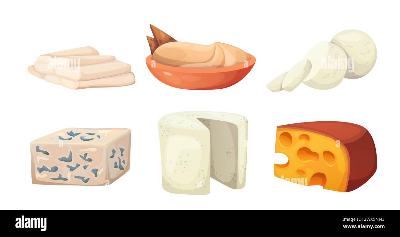 Different types of cheese. Cartoon vector illustration set of farm ...