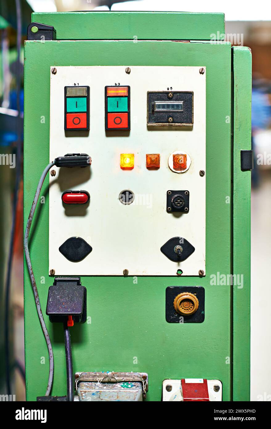 Control panel, factory and equipment with closeup, technology and ...