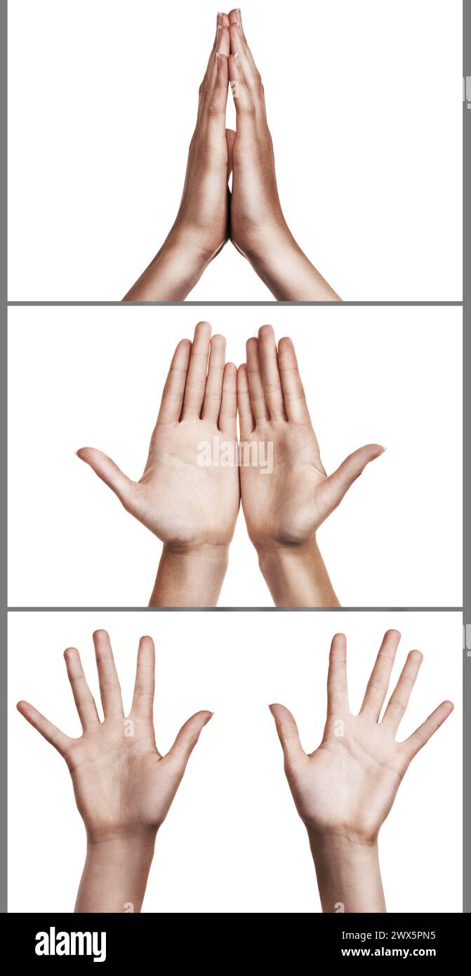 Hands, palm and collage for gesture in studio isolated on a white ...
