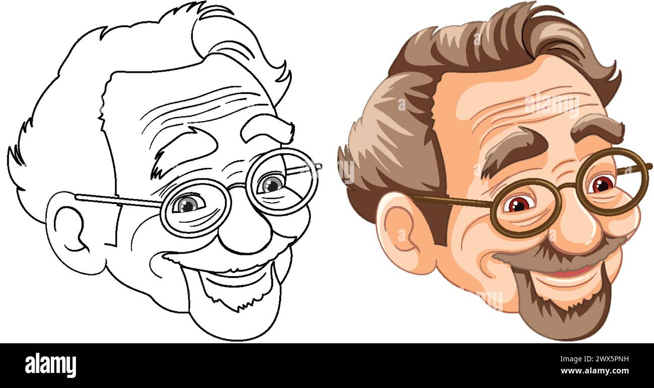 Colorful and line art portraits of a happy senior man Stock Vector ...