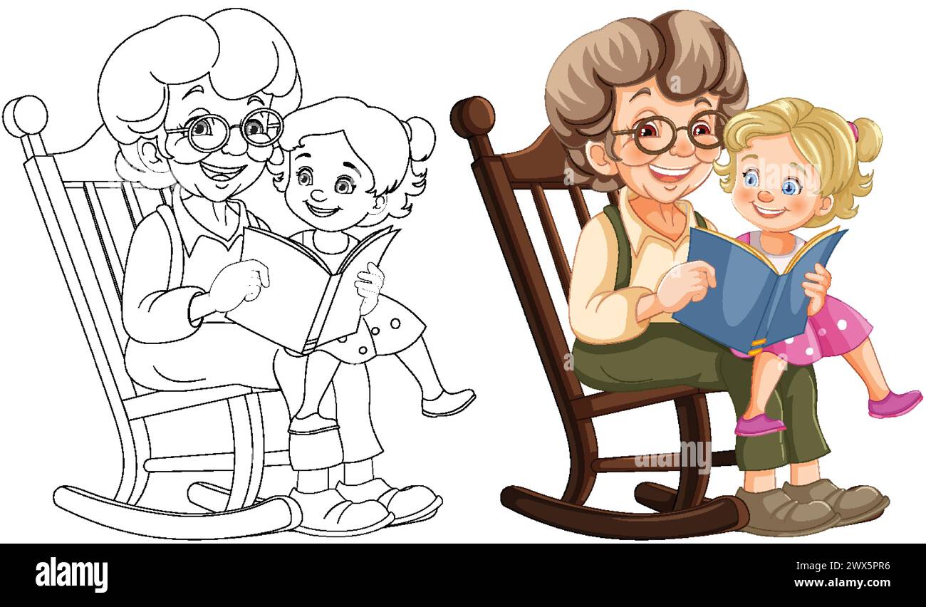 Colorful and line art of grandma reading to child Stock Vector Image ...