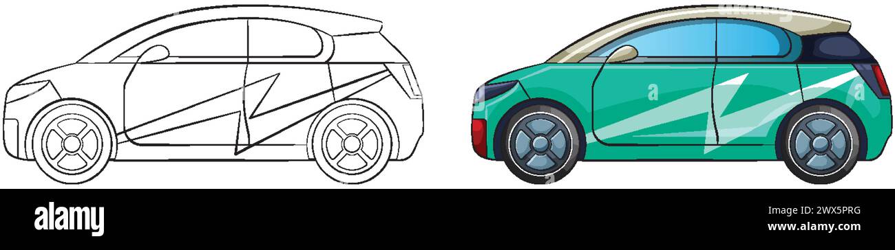 Vector illustration of a car, from outline to colored design Stock ...