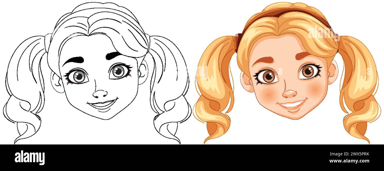 Line art and colored version of a cheerful girl Stock Vector Image ...