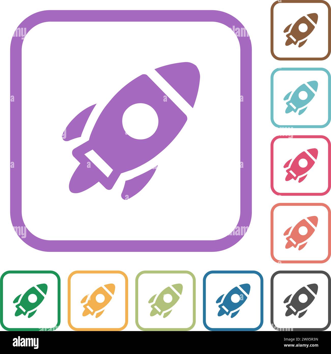 Launched rocket solid simple icons in color rounded square frames on white background Stock ...