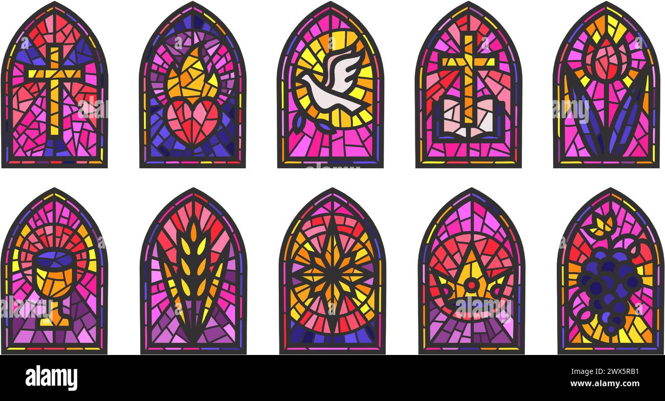 Church glass windows. Stained mosaic catholic frames with cross, book ...