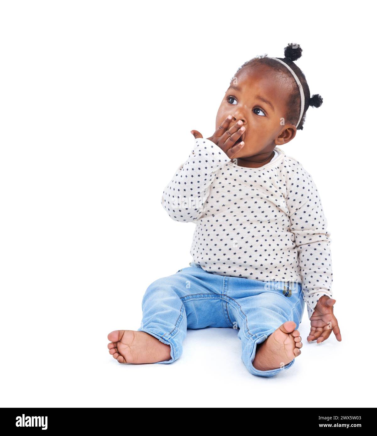 Wow, baby girl and surprise in studio with hands on face for ...