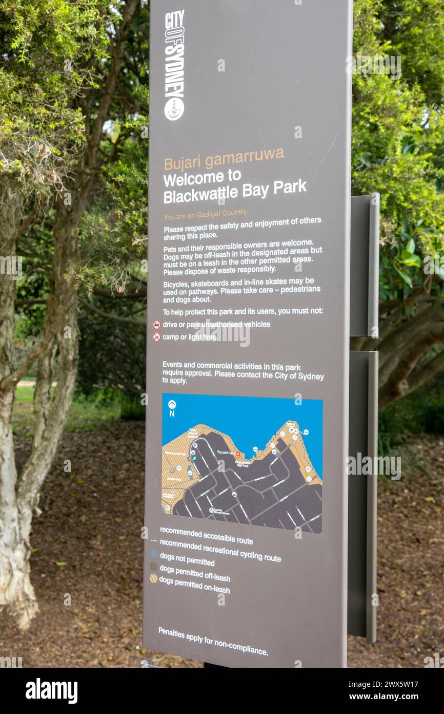Blackwattle Bay Park in Glebe Sydney, information sign, the park is ...