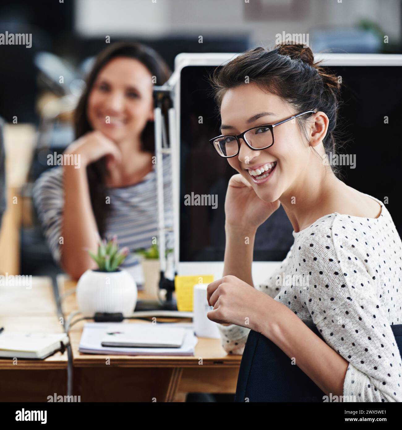 Happy, office and portrait of woman coworking with team on creative ...