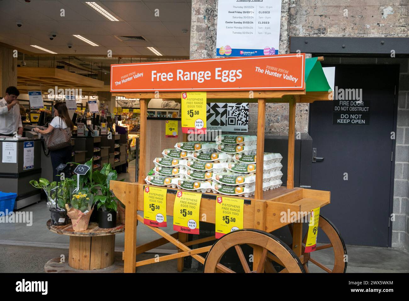 Free range eggs displayed on wooden cart for sale at Australian ...