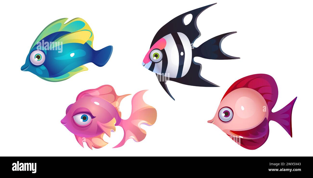 Cute cartoon fish with fin and smiling lips. Vector illustration set of ...