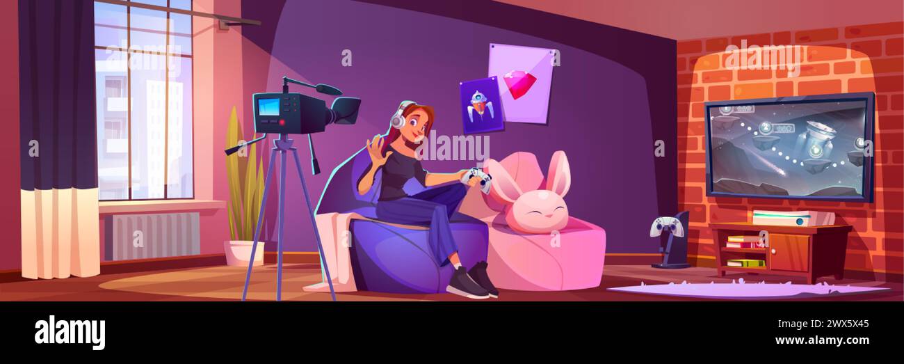 Woman streamer with gamer console setup in room. Professional player ...