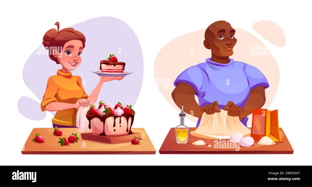 Man and woman cooking food isolated on white background. Vector cartoon ...