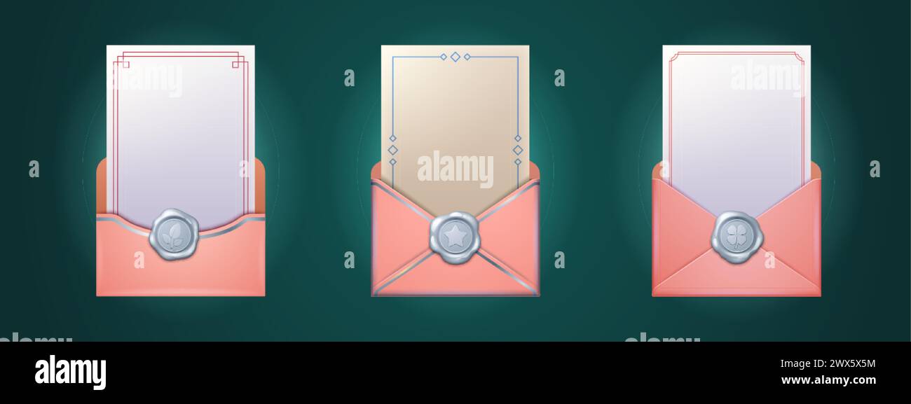 Set of open pink envelopes with blank letters inside isolated on background. Vector realistic ...