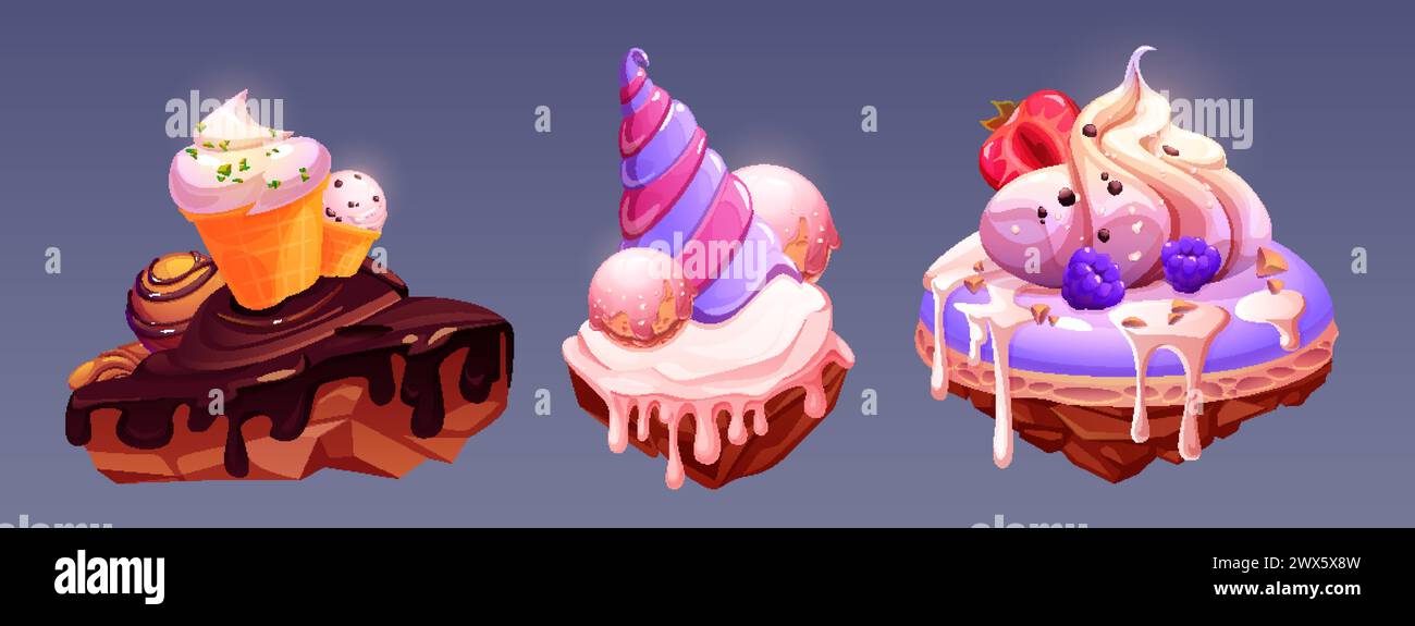 Dessert game floating islands. Cartoon vector set of sweet ...