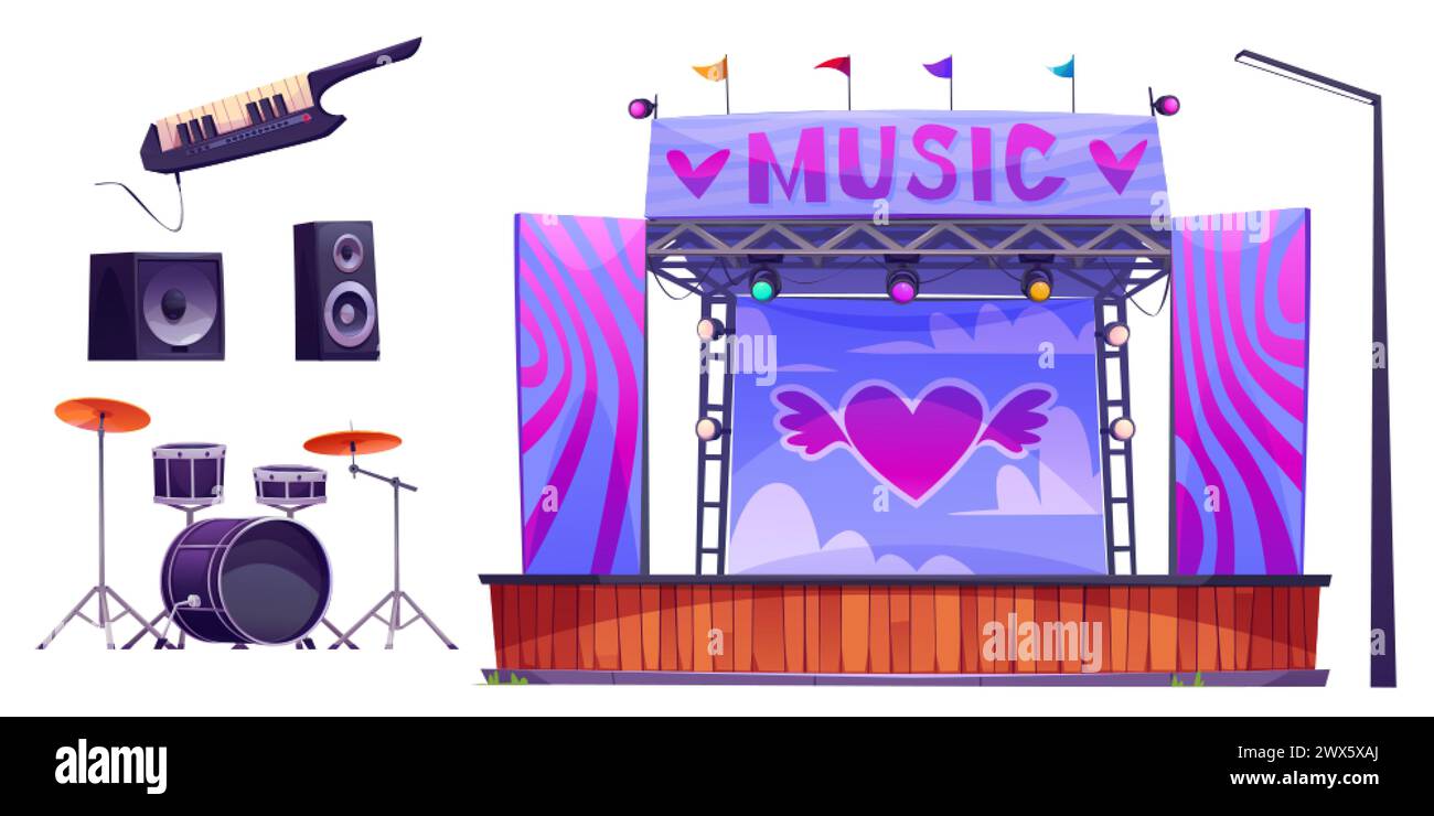 Outdoor music festival design elements set isolated on white background ...