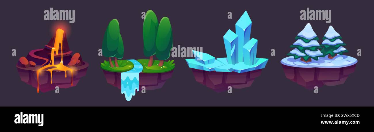 Floating land islands for game level map ui design. Cartoon vector ...
