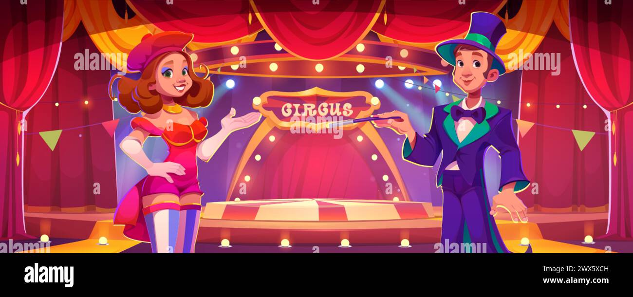 Man magician with woman assistant or circus stage or theatre scene with ...