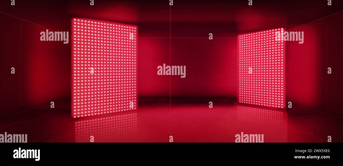 3d red led light panel in studio room background. Empty hall stage for ...