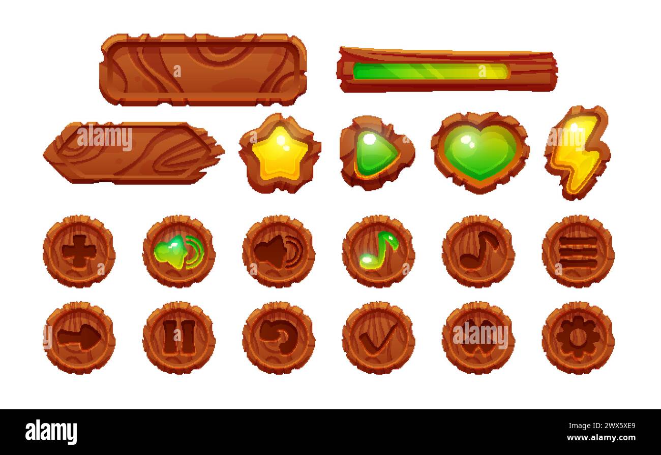 Wooden game ui design elements for videogame menu. Cartoon vector ...