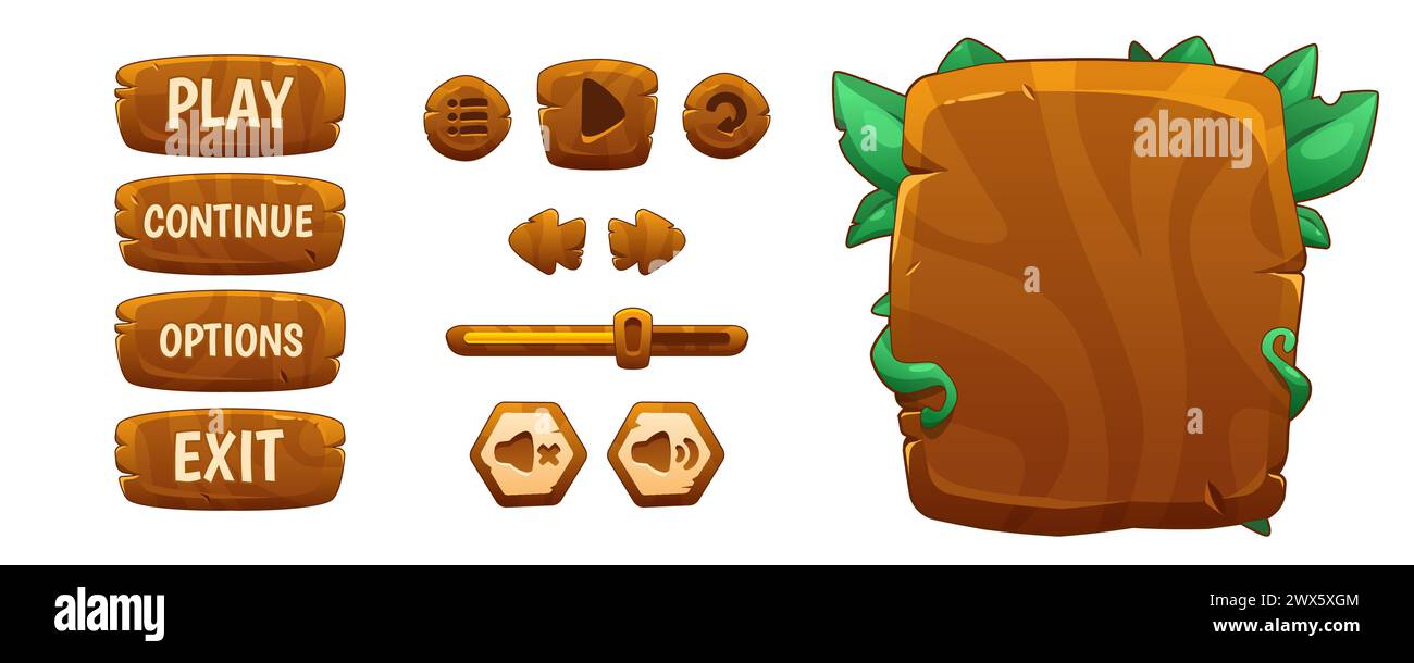 Jungle adventure game buttons set isolated on white background. Vector cartoon illustration of ...