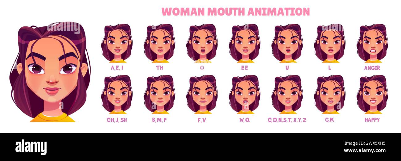 Woman mouth animation kit. Cartoon vector illustration set of young ...