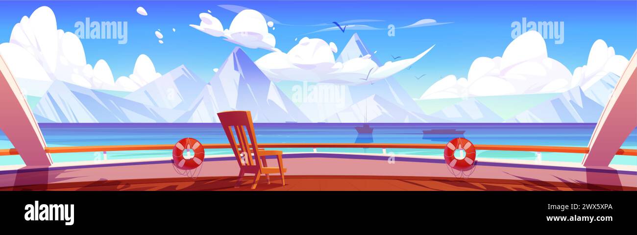 View from cruise ship wooden deck with railing, lounge chair and ...