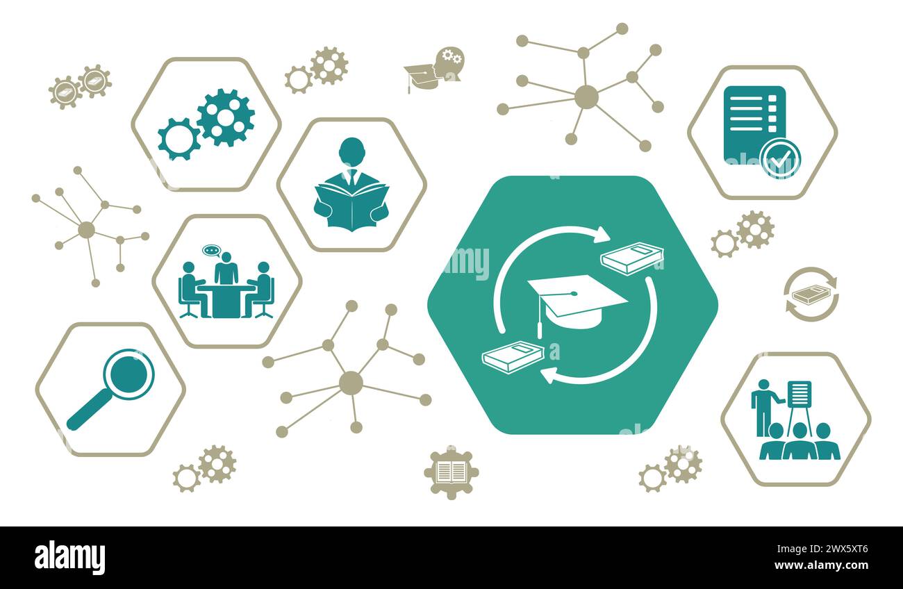 Concept of continuing education with icons in hexagons Stock Photo - Alamy