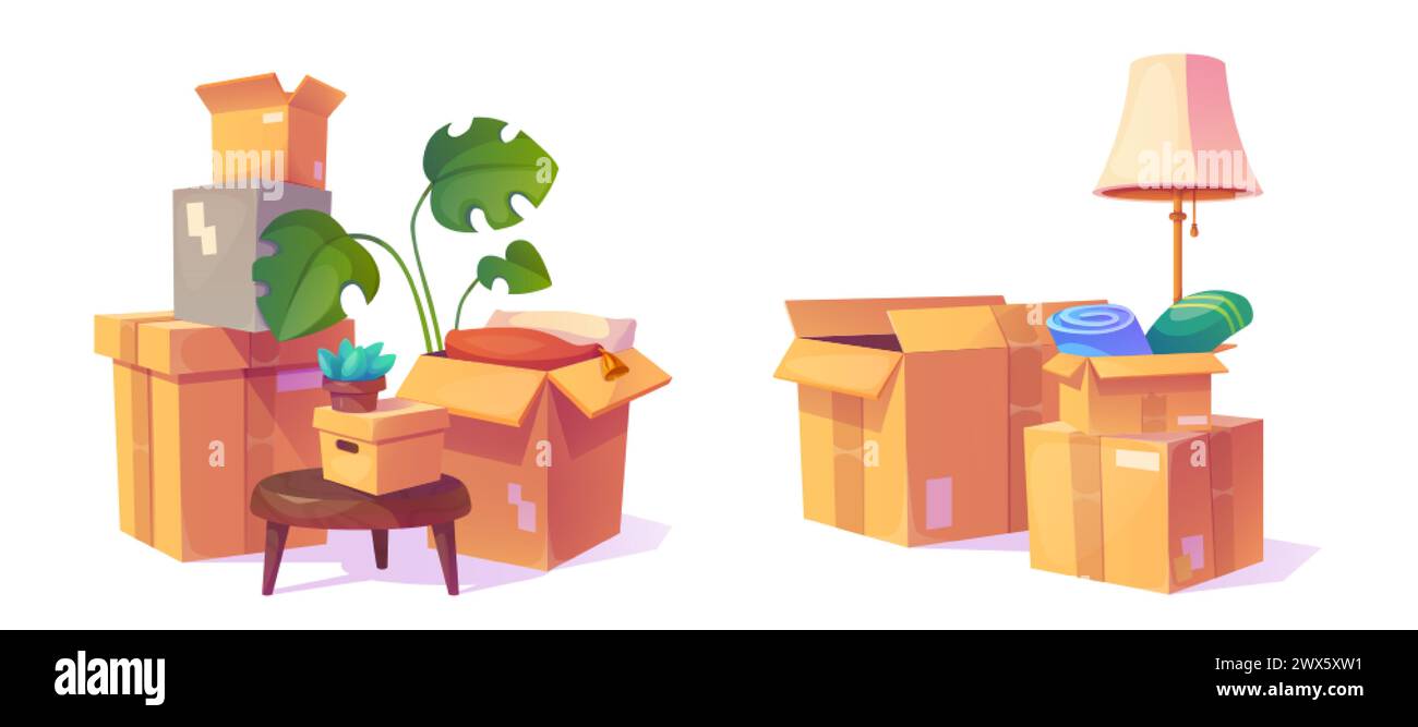 Cardboard boxes with house stuff for relocation concept. Cartoon vector ...