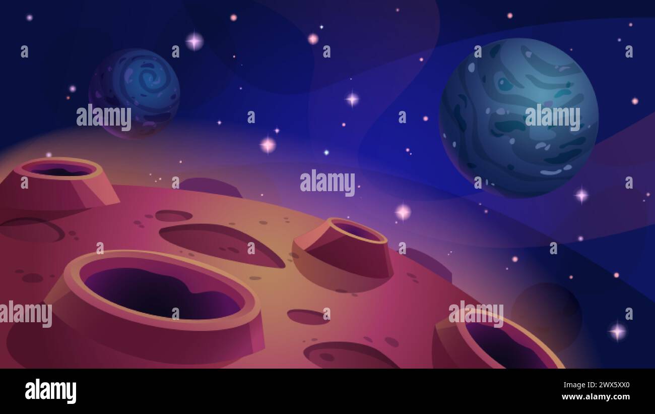 Alien planet surface with craters on background of dark blue cosmos sky ...