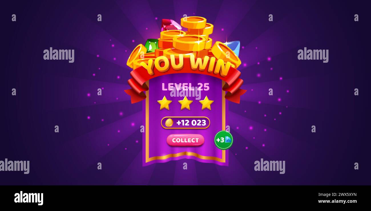 Ui game or level win popup button banner. Winner badge design for trophy. Victory interface ...