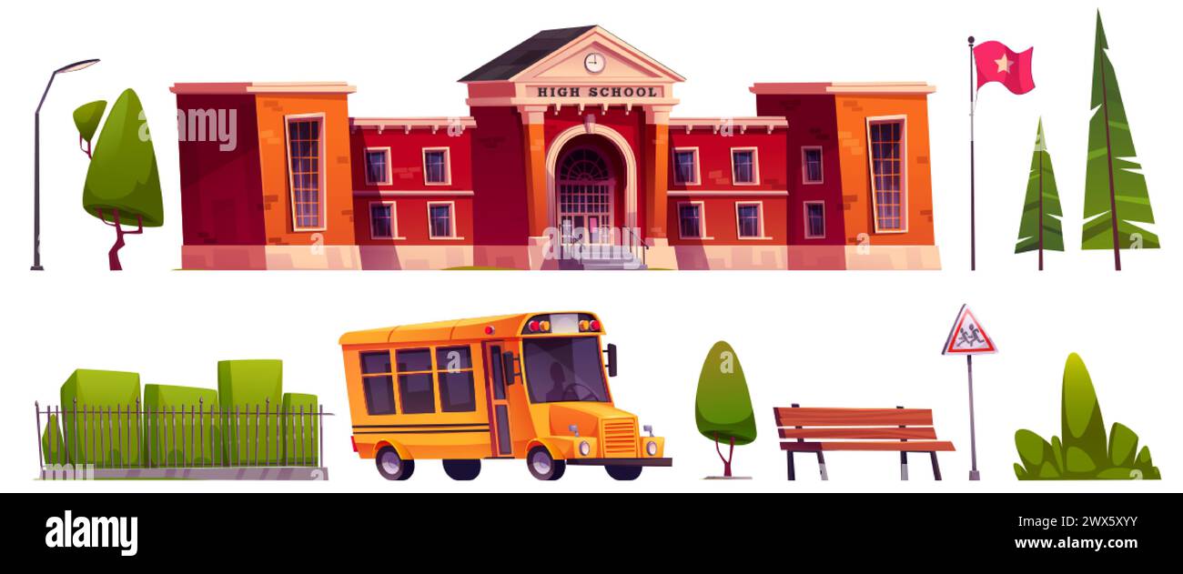 High school exterior cartoon vector elements set. education ...