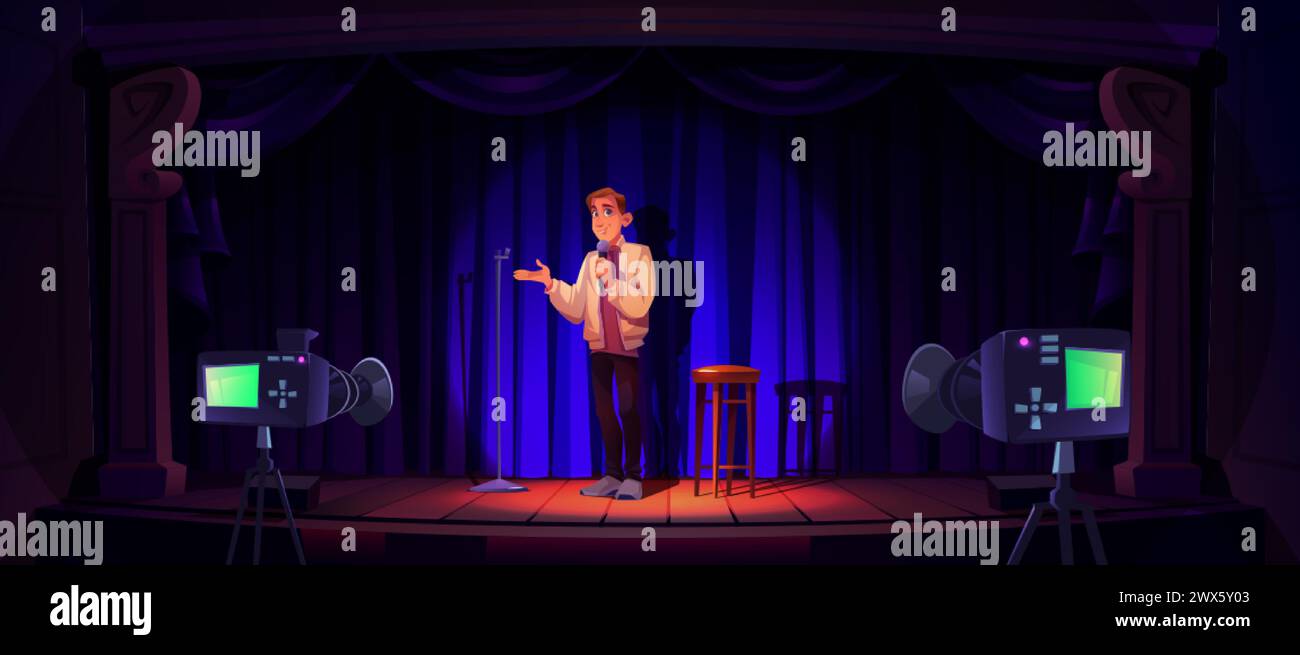 Man standup comedy performer on stage with mic and stool, blue curtain ...