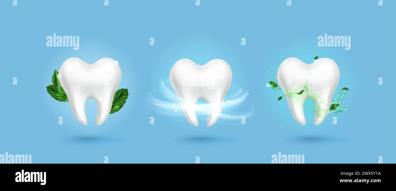 White shining healthy tooth with swirls of fresh air, green mint leaves ...