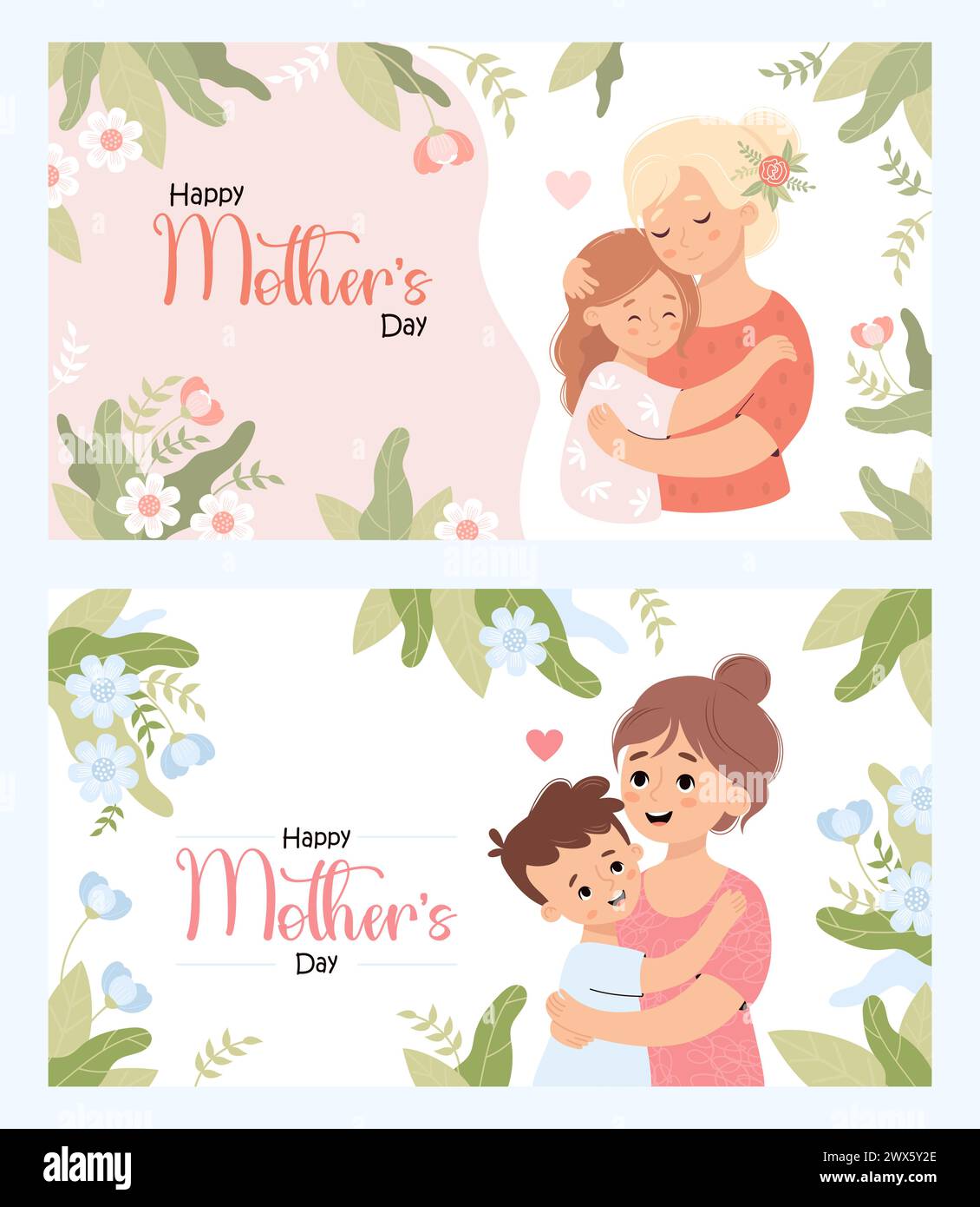 Happy Mother's Day banners. Cute woman tenderly hugging their child ...