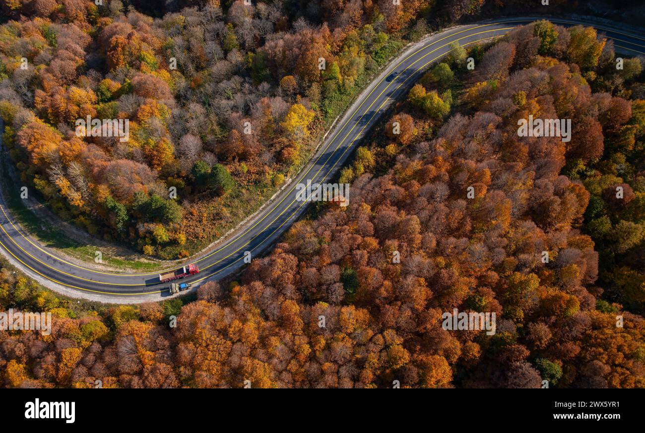 aerial view of inegol domanic road with beautiful autumn colors of ...