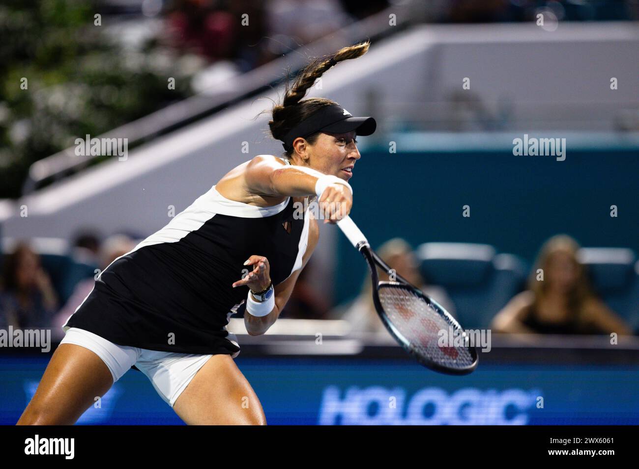 MIAMI GARDENS, FLORIDA - MARCH 27: Jessica Pegula of USA serves against Ekaterina Alexandrova ...