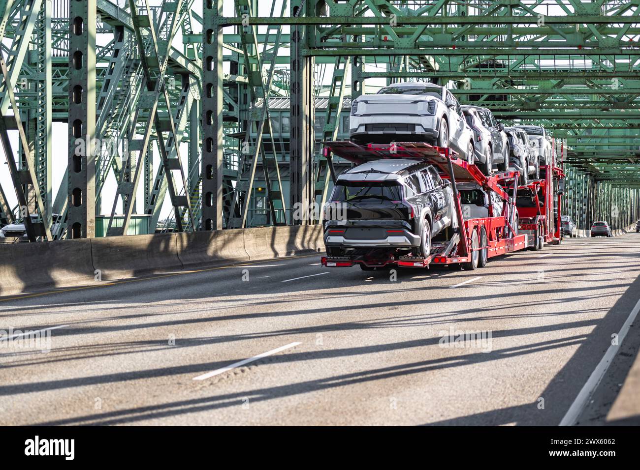 Industrial carrier long car hauler red big rig semi truck tractor ...