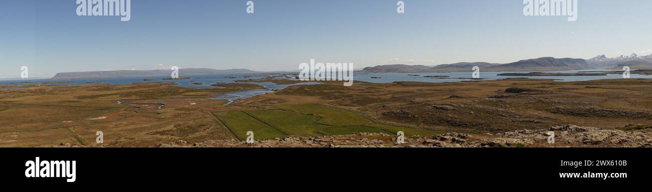 View of the Breidafjordur bay and its islands from Mt. Helgafell, the ...