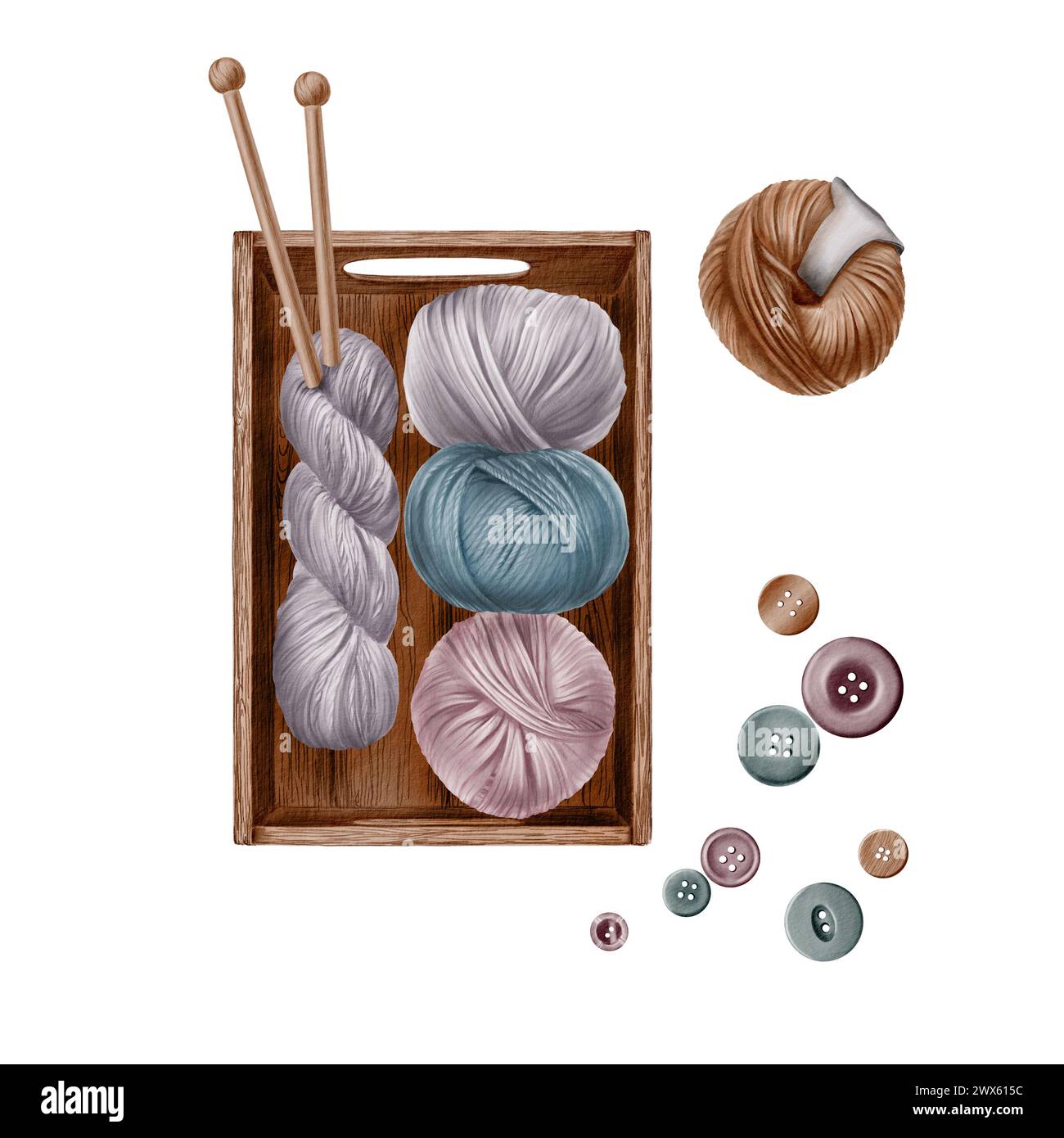 Skeins of yarn and a passel of yarn in a wooden crate with wooden ...
