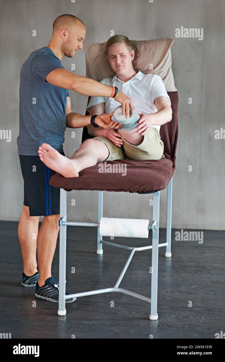 Physio, prosthetic or patient with disability in medical, recovery or ...