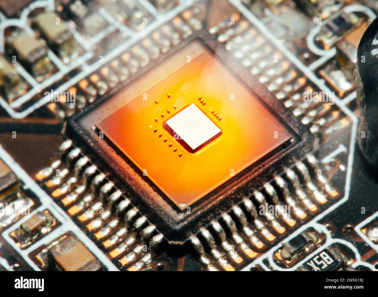 The CPU computer processor unit chipset overheats and burns in the ...