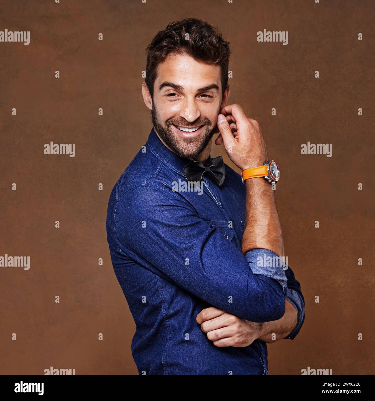Fashion, smile and happy man in studio with trendy clothes, positive ...