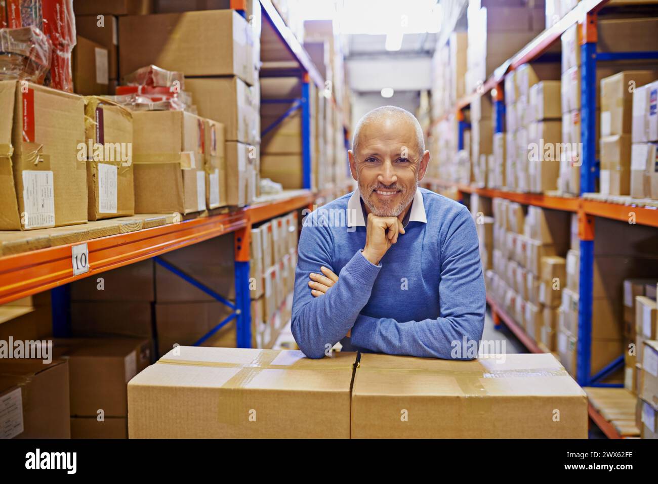 Shipping, warehouse and portrait of man with box for inspection, supply ...