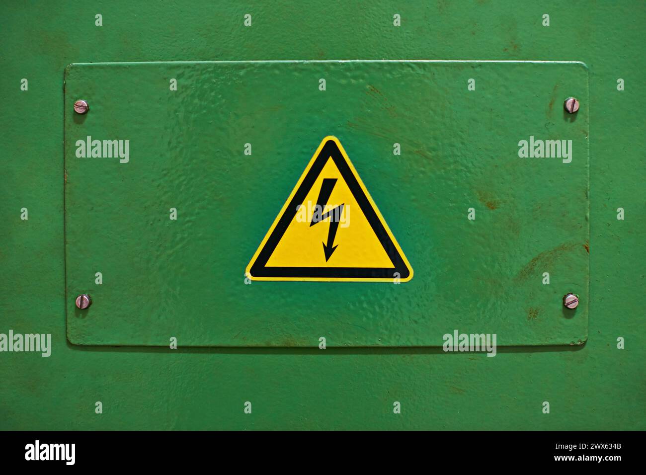 Warning panel, factory and machine with closeup, technology and ...
