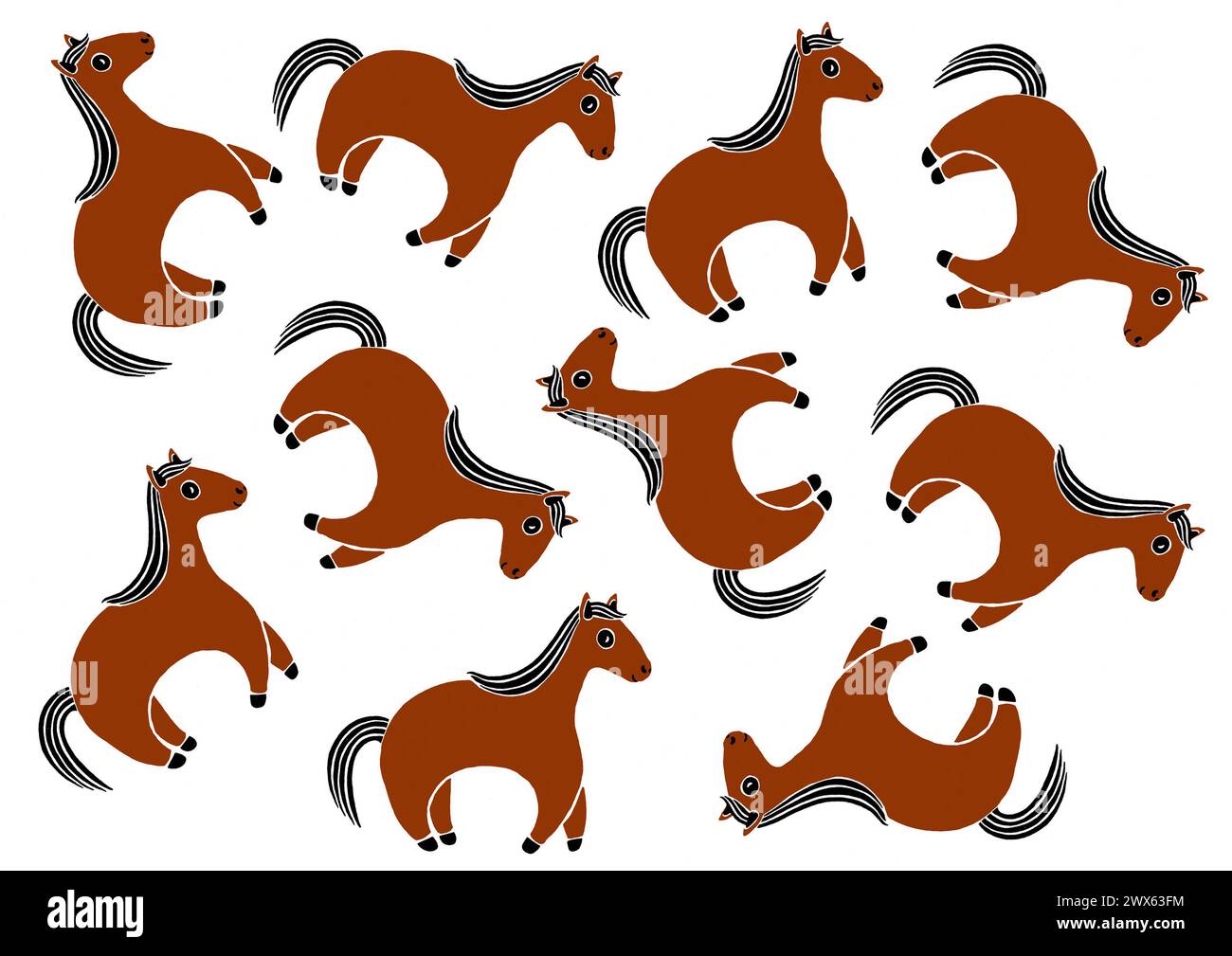 Set of stylized horse illustration. They are chaotically located on ...