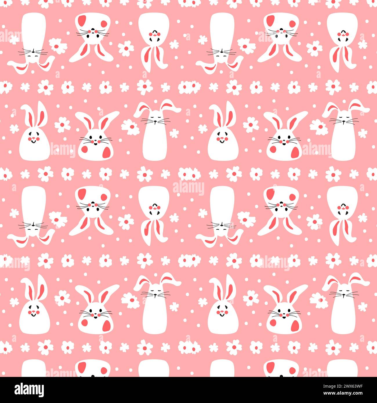 Seamless pattern with cute white rabbits with flowers. Easter bunnies ...